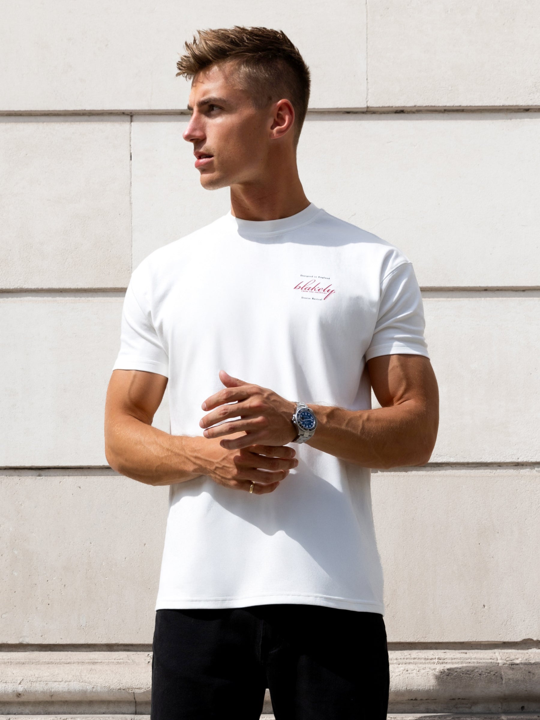 Buy Blakely Mens Flat White Austin Relaxed Script T-Shirt | Free ...